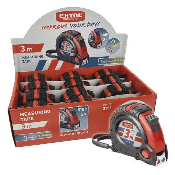 EXTOL PREMIUM mérőszalag, gumírozott, mágneses 3 stoppos; 3m
